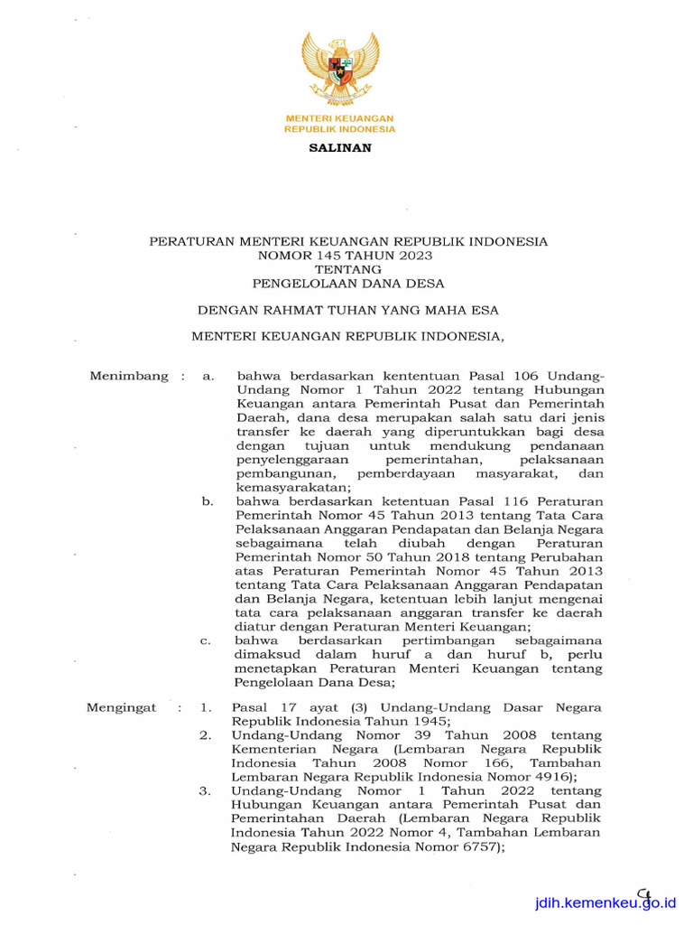 Pmk 145 Tahun 2023 Pengelolaan Dana Desa Pdf