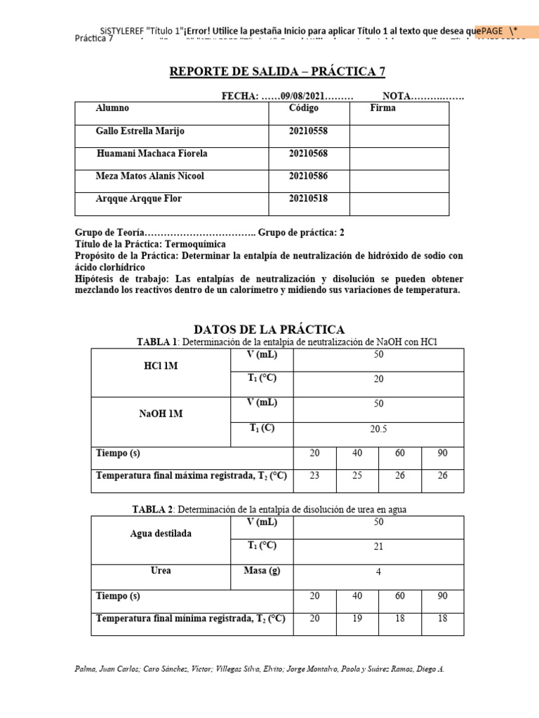 Reporte de salida Lab termoquimica (1) | PDF | Ácido clorhídrico | Hidróxido de sodio