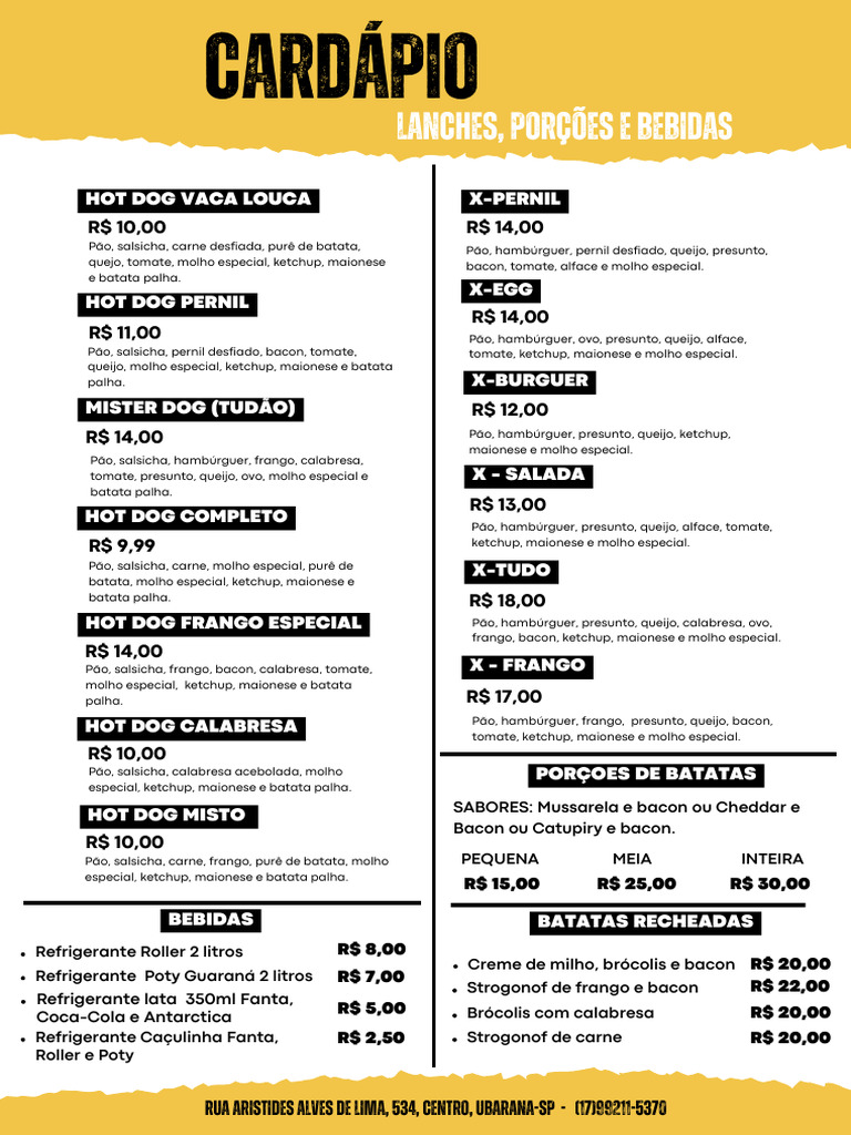 Cardápio de Lanches e Bebidas | PDF | Cachorro-quente | Hambúrgueres