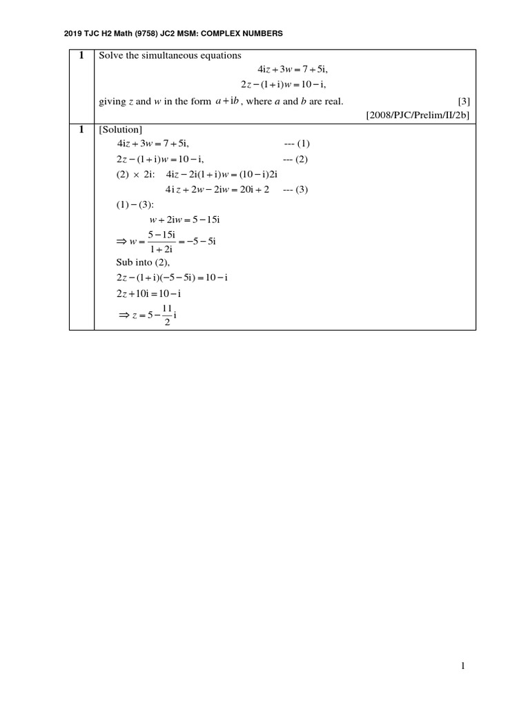 2019 H2 JC2 MSM Complex Numbers (Solutions) | PDF | Complex Number | Quadratic Equation