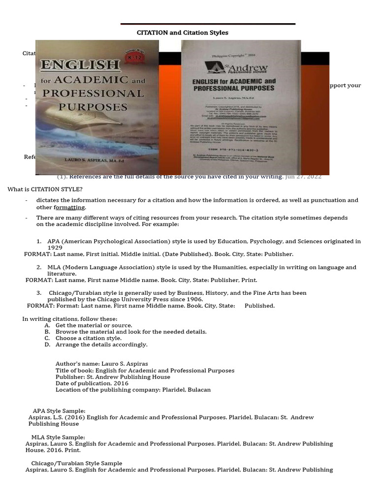 Q2 LAS 4 On CITATION and Citation Styles | PDF | Citation | Apa Style