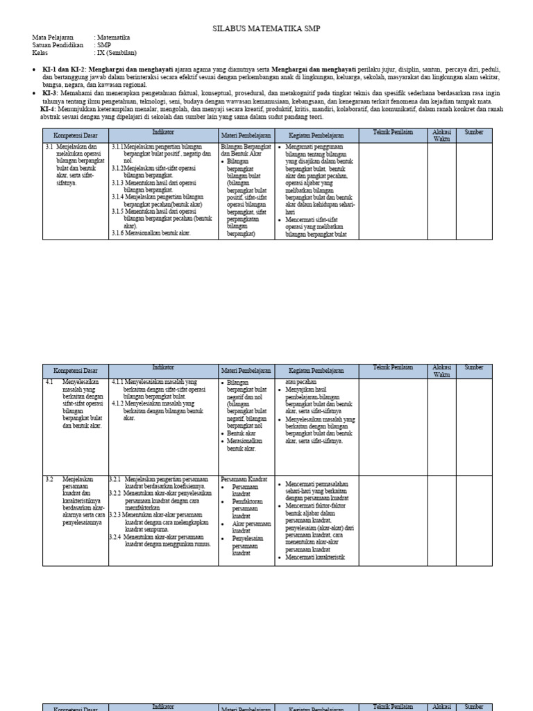 Silabus Matematika Kelas Ix | PDF