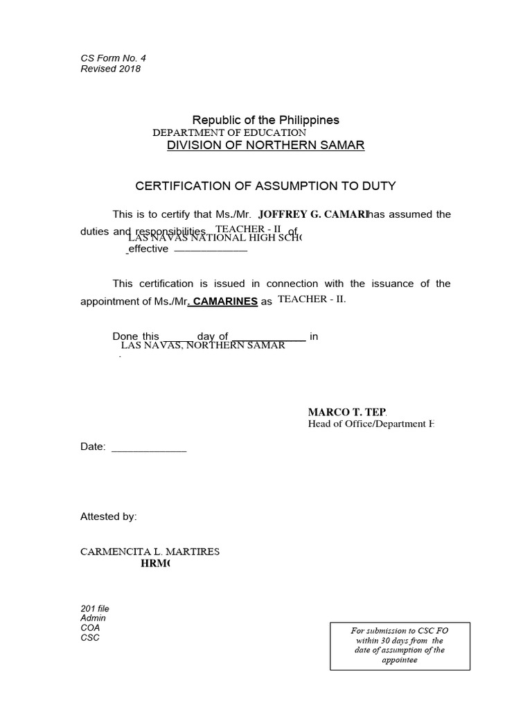 Certification of Assumption To Duty | PDF