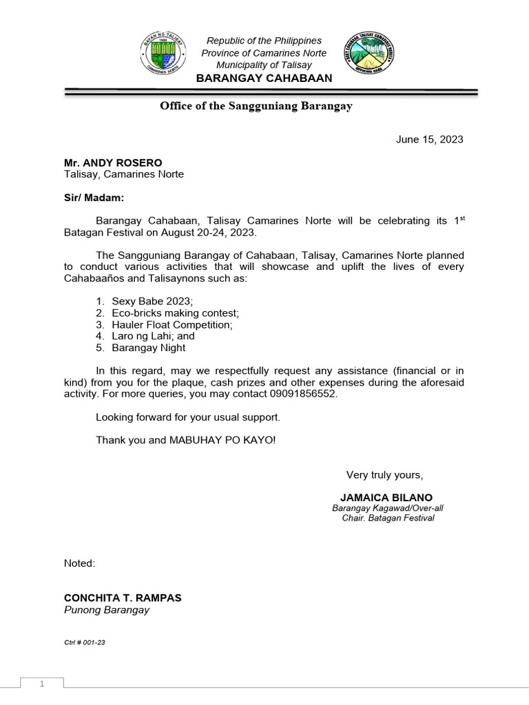 SOLICITATION LETTER FOR Batagan | PDF