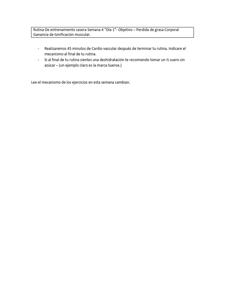 Rutina Semana 4 Dia 1 | PDF | Manejo de la obesidad | Aptitud física