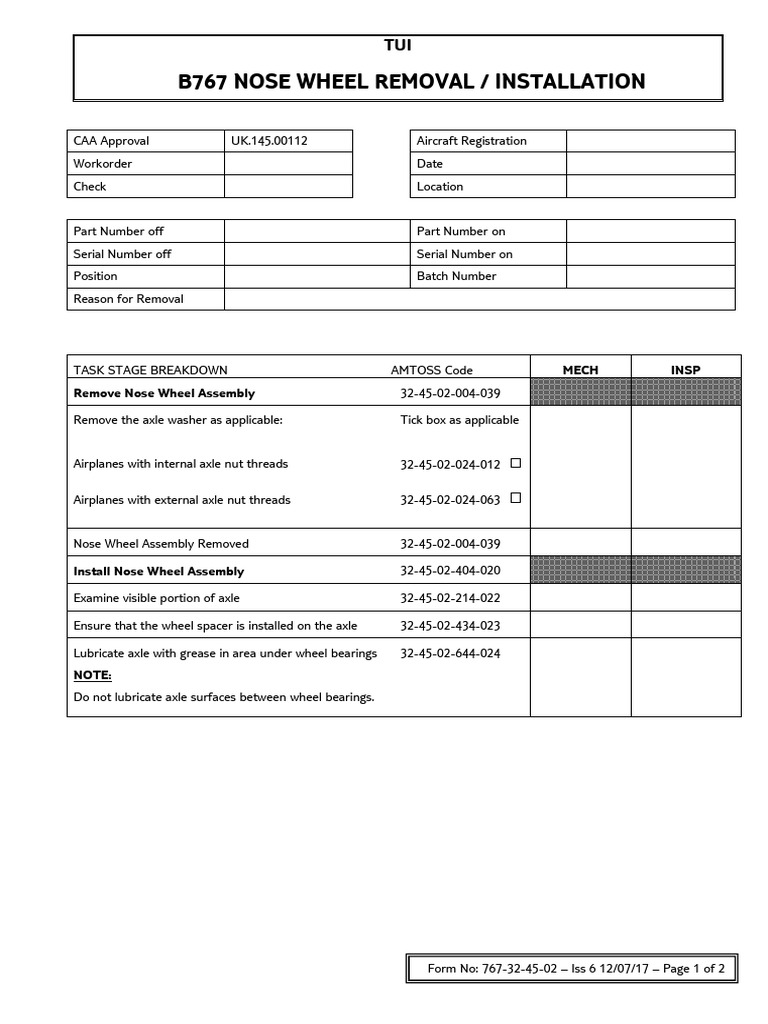 767-32-45-02 B767 NOSE WHEEL REMOVAL INSTALLATION - Iss6 | PDF