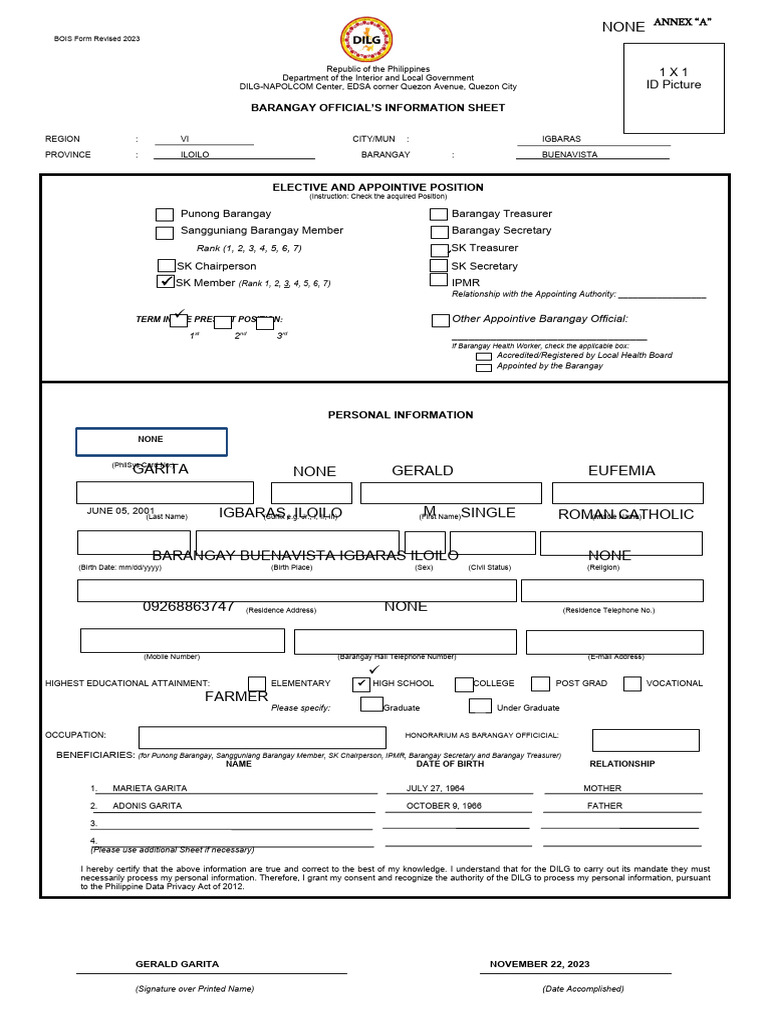 Revised Annex A BOIS FORM - Revised 2023 | PDF | Government