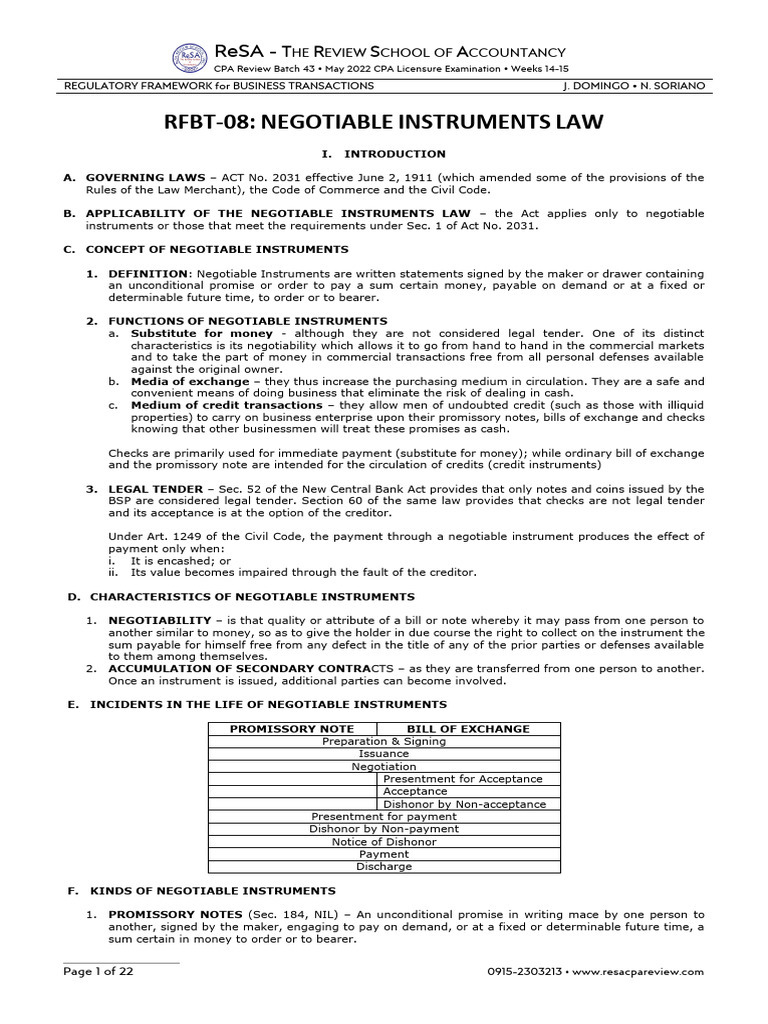 RFBT-08 (Negotiable Instruments) | PDF | Negotiable Instrument ...