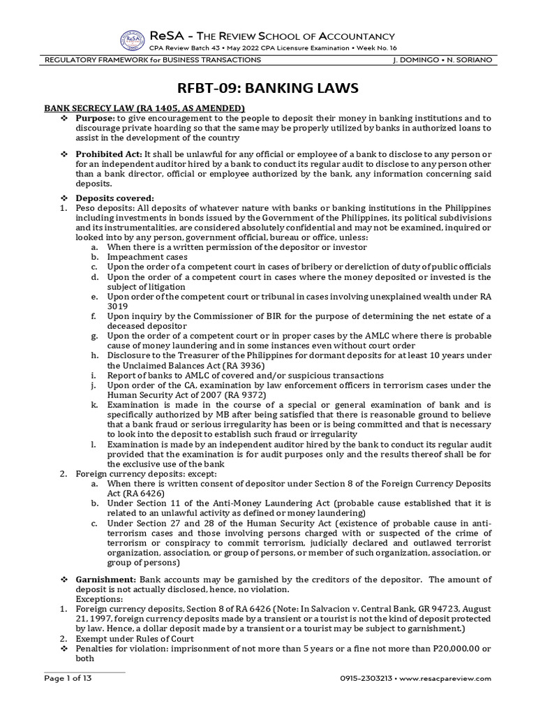 RFBT-09 (Banking Laws) | PDF | Money Laundering | Legal Tender