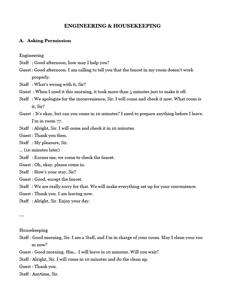 Engineering & Housekeeping: A. Asking Permission | PDF | Housekeeping ...