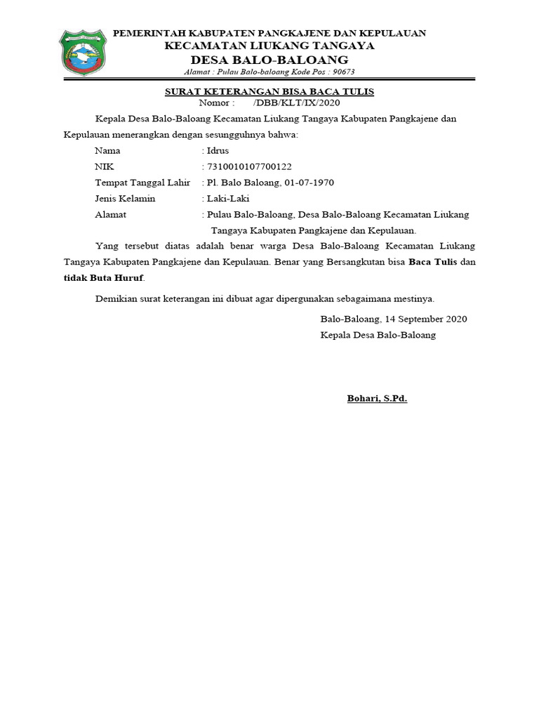 Surat Keterangan Bisa Baca Tulis | PDF