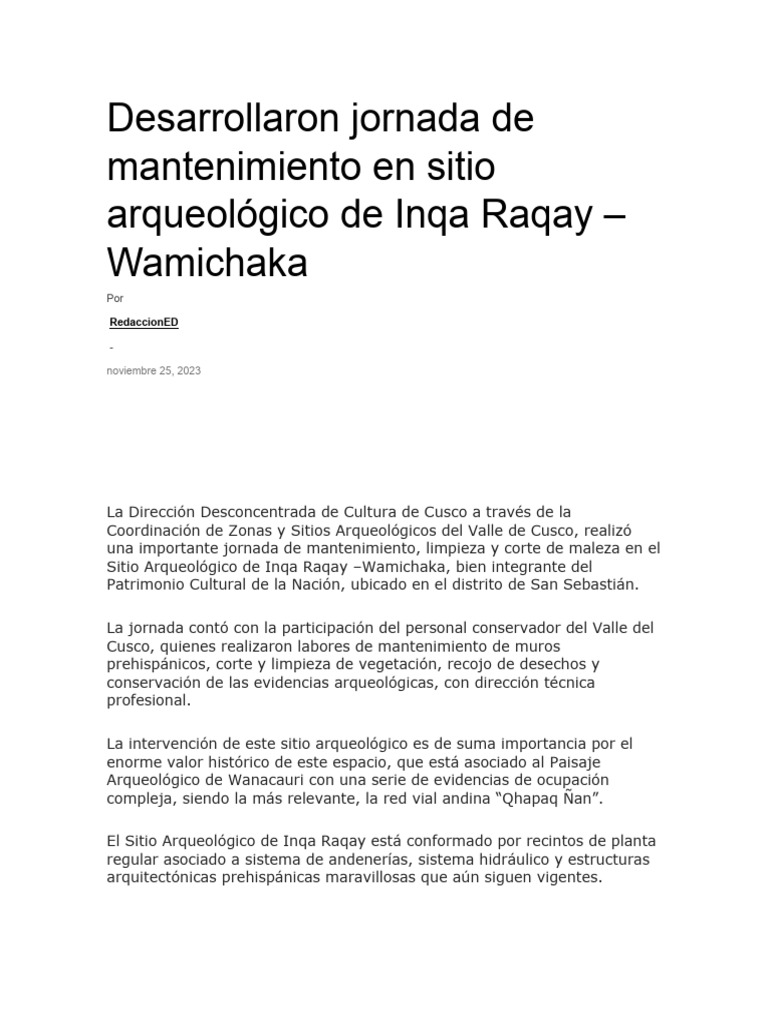 mantenimiento en sitio arqueológico de Inqa Raqay – Wamichaka | PDF