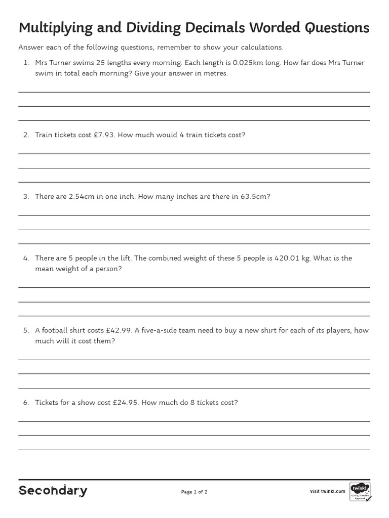Multiplying and Dividing Decimals Worded Questions | PDF | Quantity ...