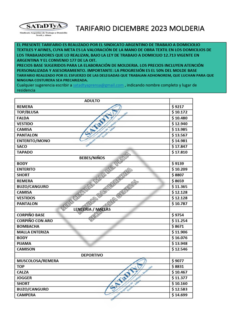 Tarifario Molderia Diciembre 2023 | PDF | Apariencia humana | Softlines (venta minorista)