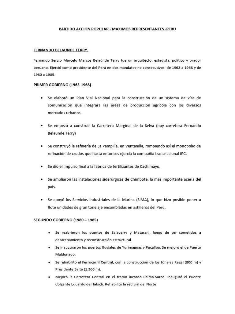 PARTIDO ACCION POPULAR Maximos Representantes | PDF | Perú | América ...