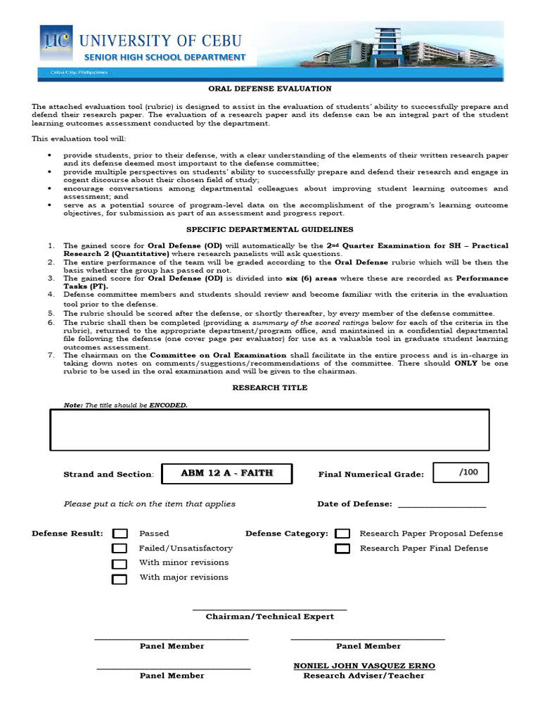 Final Oral Defense Rubric Abm A | PDF | Rubric (Academic) | Evaluation