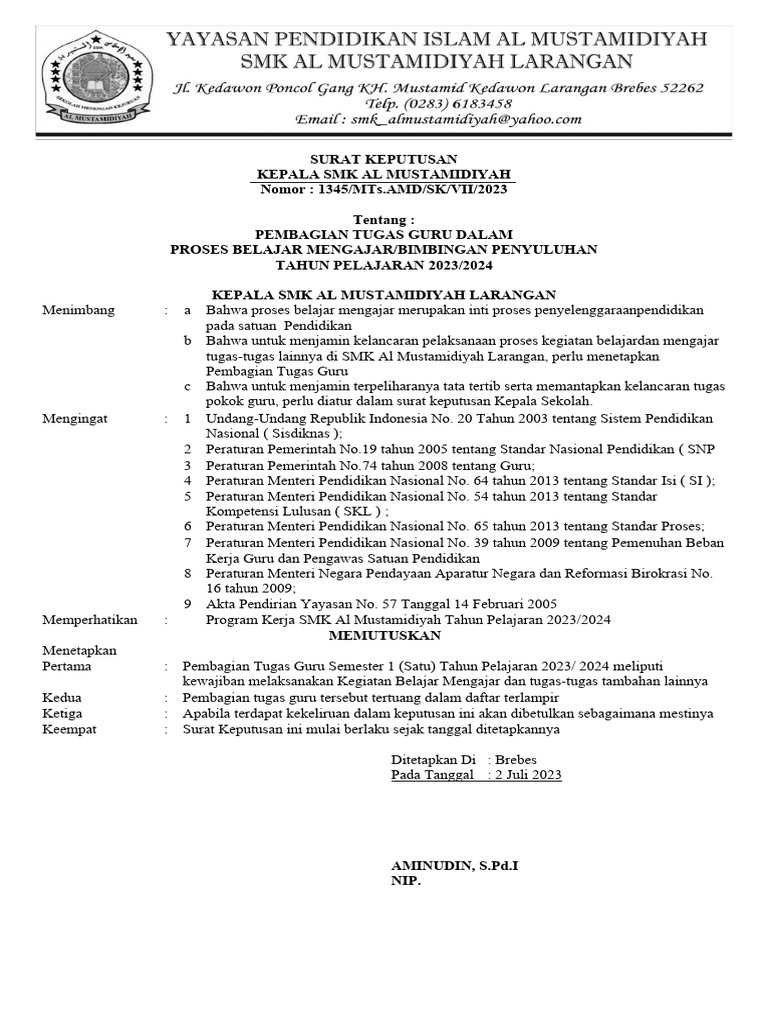 SK Pembagian Tugas Guru | PDF