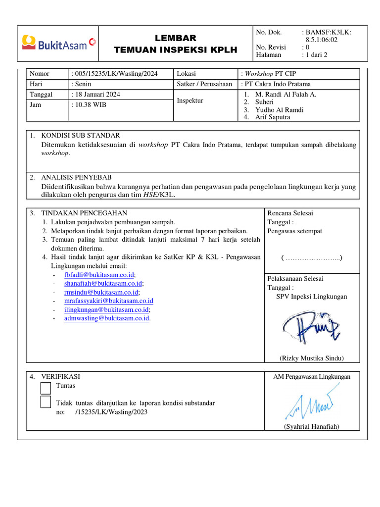 Temuan Inspeksi KPLH PT Cakra Pratama | PDF