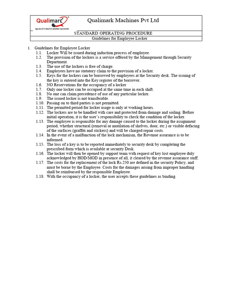 Guidelines For Employee Locker | PDF