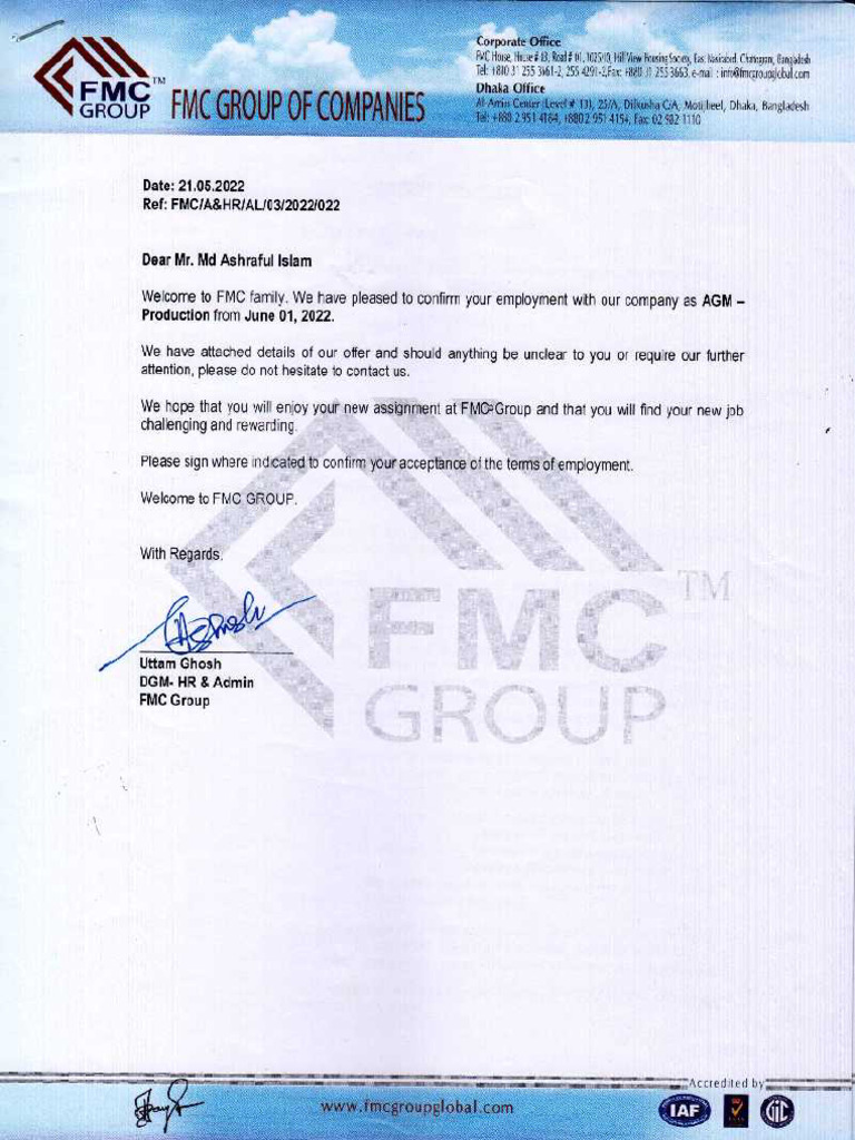 Appointment Letter FMC | PDF
