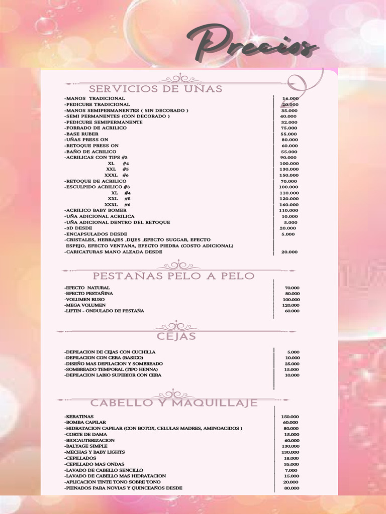 Lista De Precios De Estética Y Pestañas Pdf Belleza Apariencia Humana