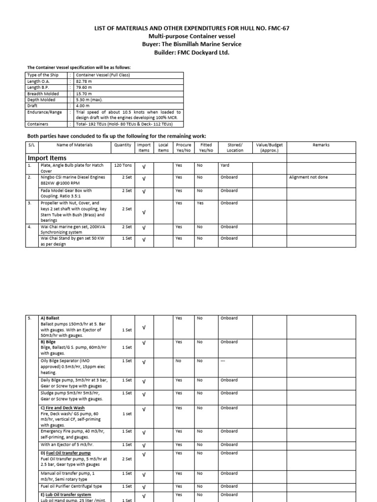 Container Vessel Materials List | PDF | Pump | Navigation