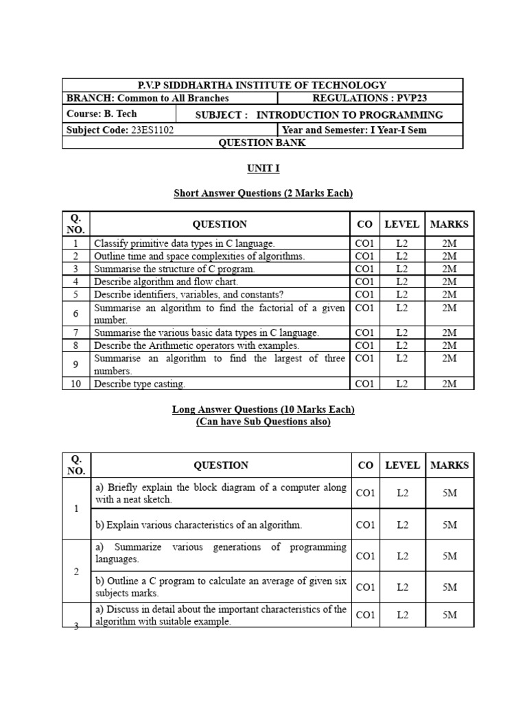 PVP23 Programming Question Bank | PDF | Algorithms | Computer Programming