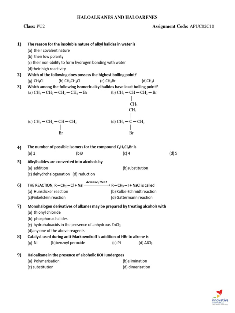 Haloalkanes and Haloarenes Assignment | PDF | Alkane | Ether