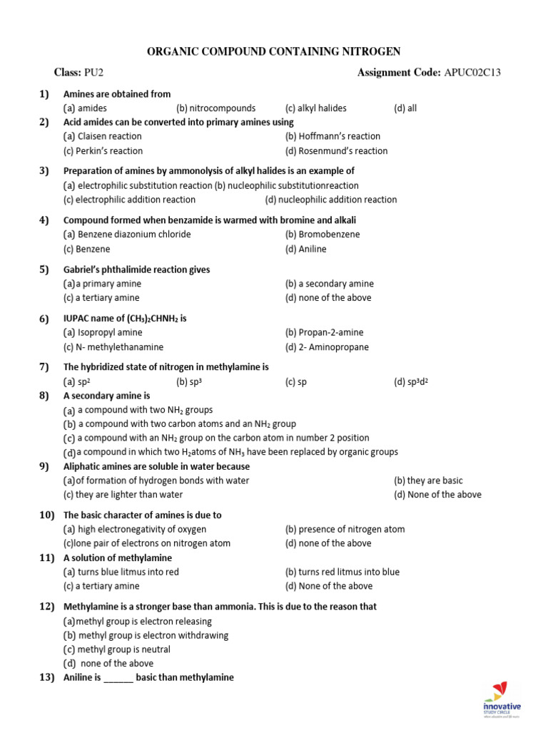 Nitrogen-Containing Organic Compounds Guide | PDF | Amine | Chemical ...