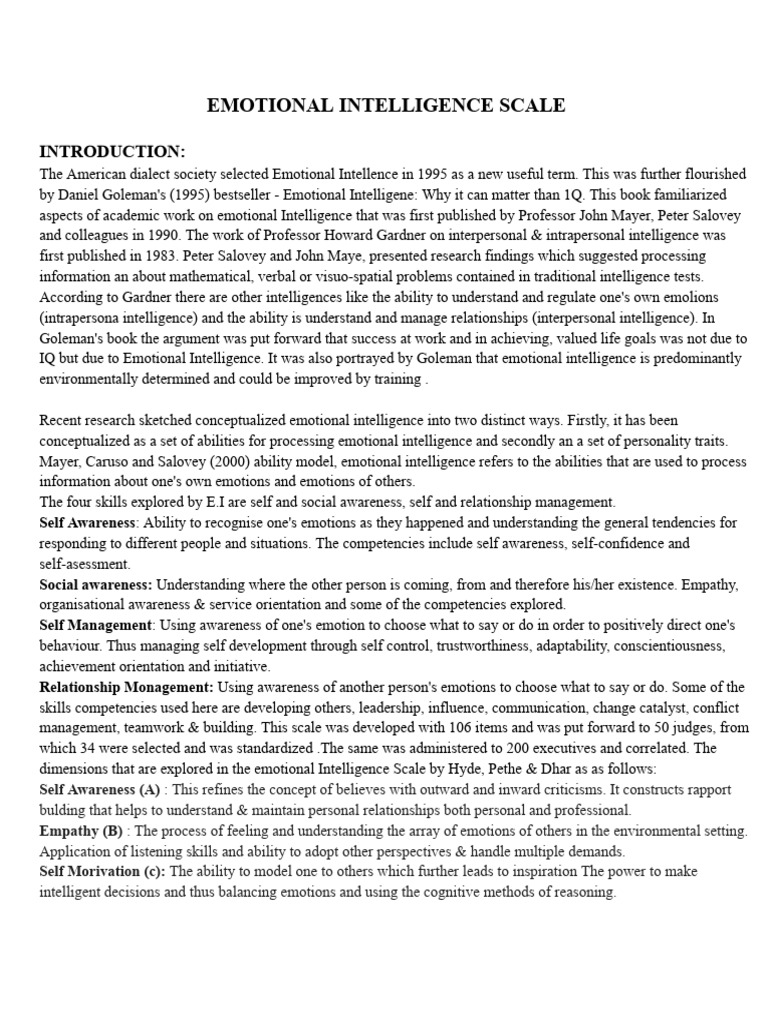 Emotional Intelligence Scale | PDF | Emotional Intelligence | Intelligence