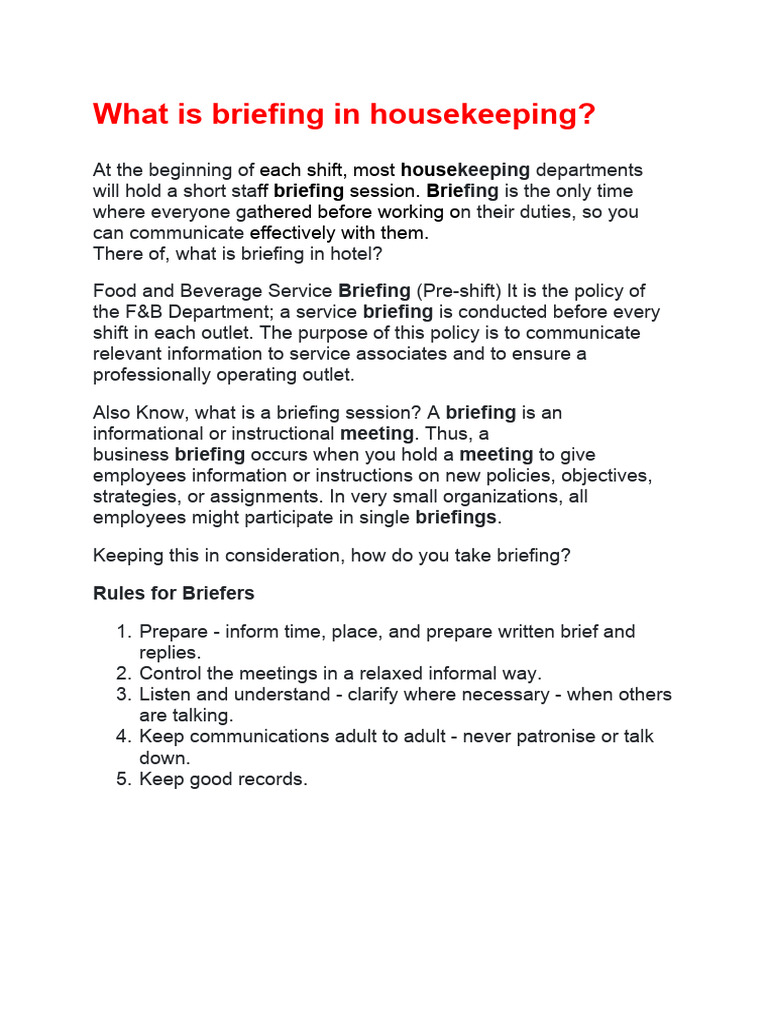 Housekeeping Shift Briefing Overview | PDF | Career & Growth