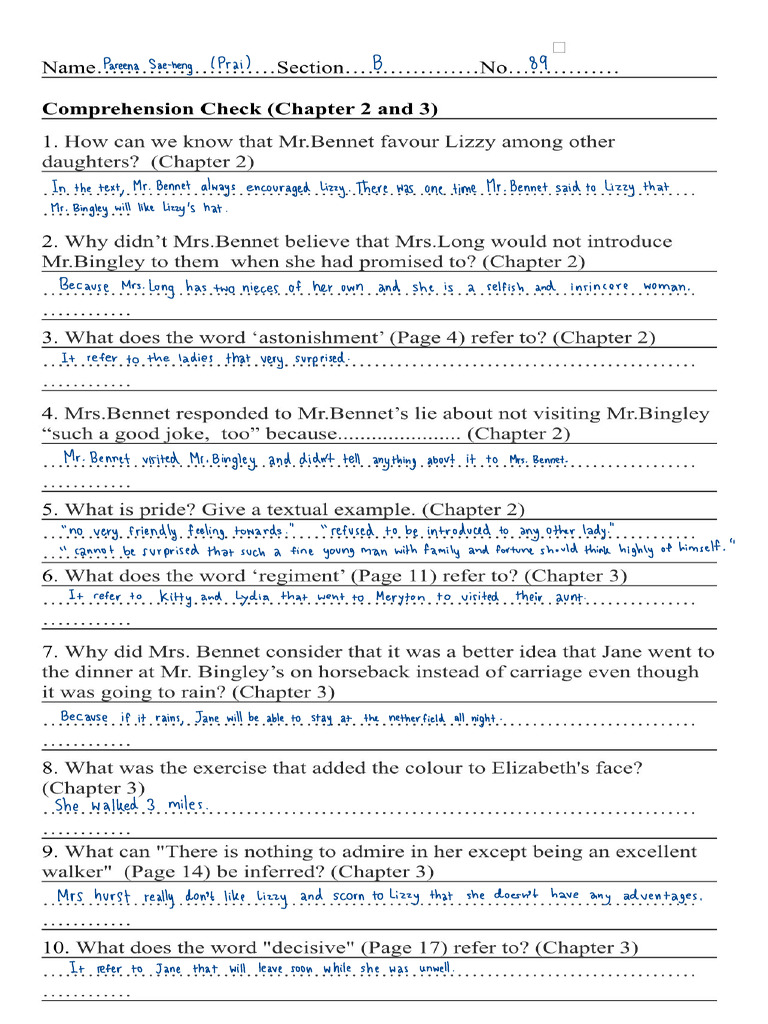 Chapter2,3 - Comprehension Check | PDF | Pride And Prejudice | English ...