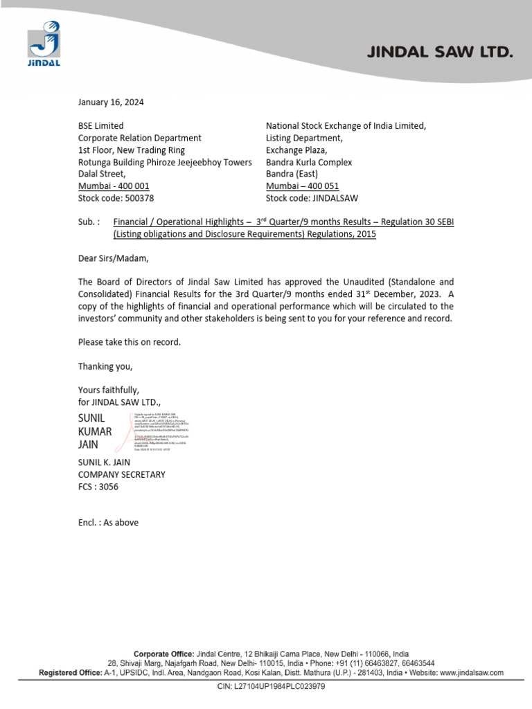 JINDALSAW 16012024141843 FinancialHighlight | PDF | Debt | Economies