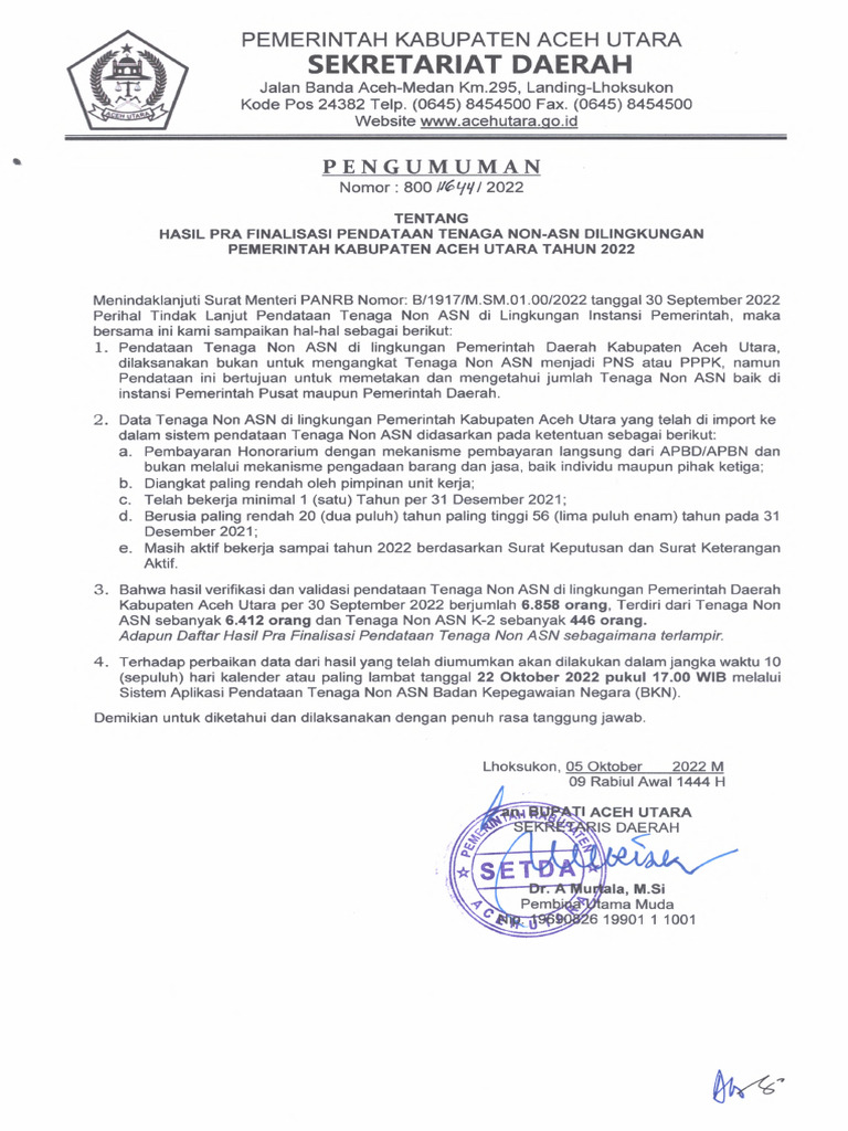 Hasil Pra Finalisasi Pendataan Non-ASN Aceh Utara 2022 | PDF