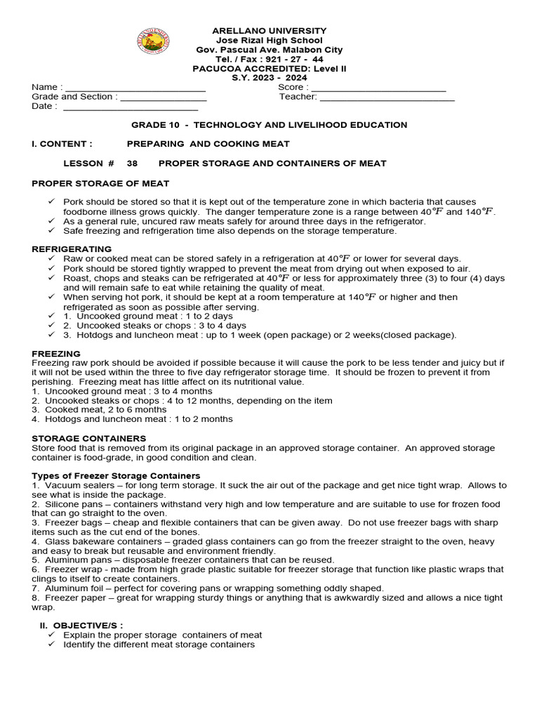 Lesson 38 Meat Proper Storage | PDF | Meat | Pork
