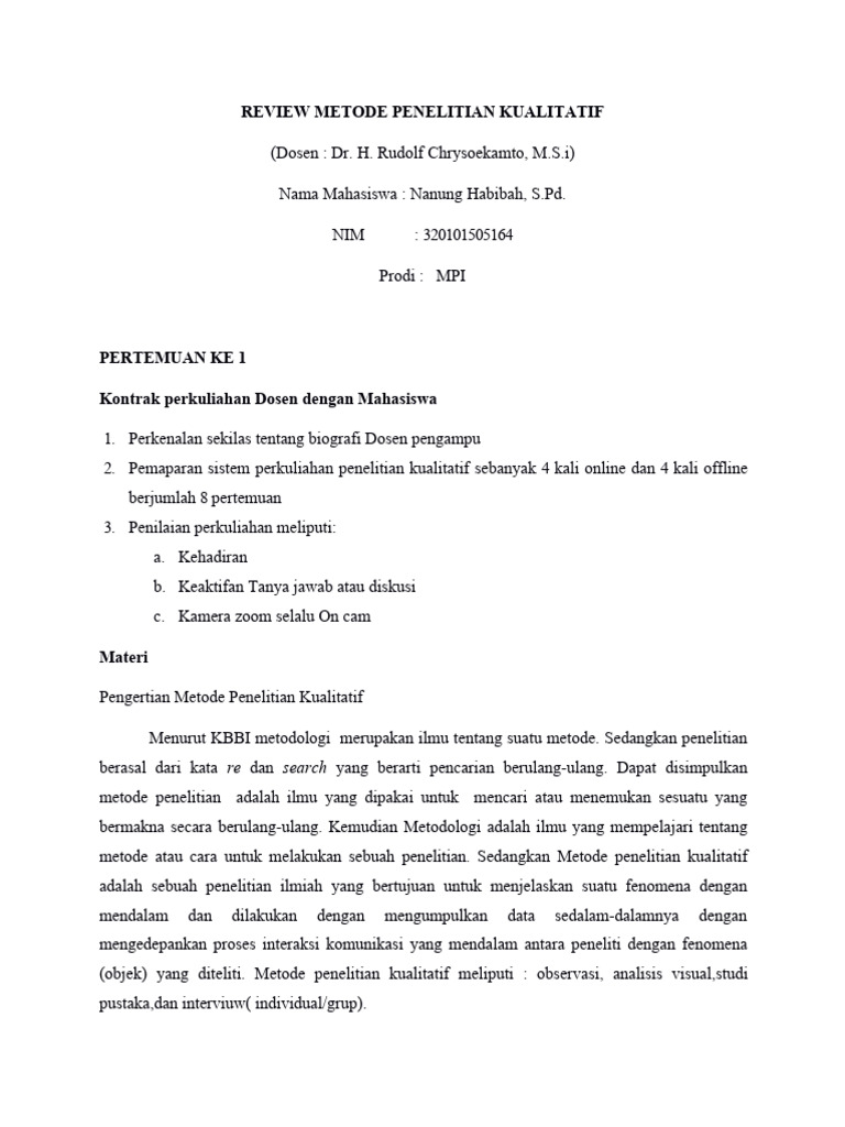 REVIEW - METODE PENELITIAN KUALITATIF - MPI (NANUNG HABIBAH, S.PD.) 1 | PDF