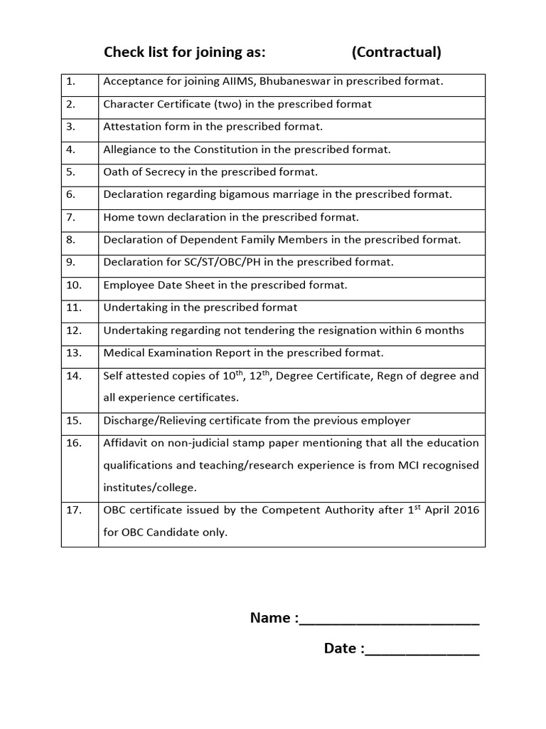 Check List For Joining As: (Contractual) | PDF