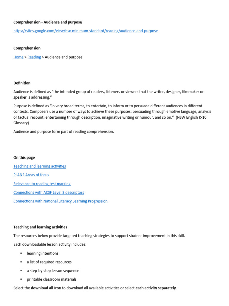 Comprehension Audience and Purpose | Download Free PDF | Reading Comprehension | Behavior ...