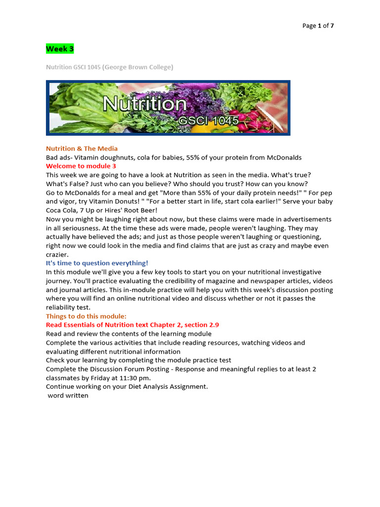 Nutrition GSCI1045 Lecture Week 3 | PDF | Wellness