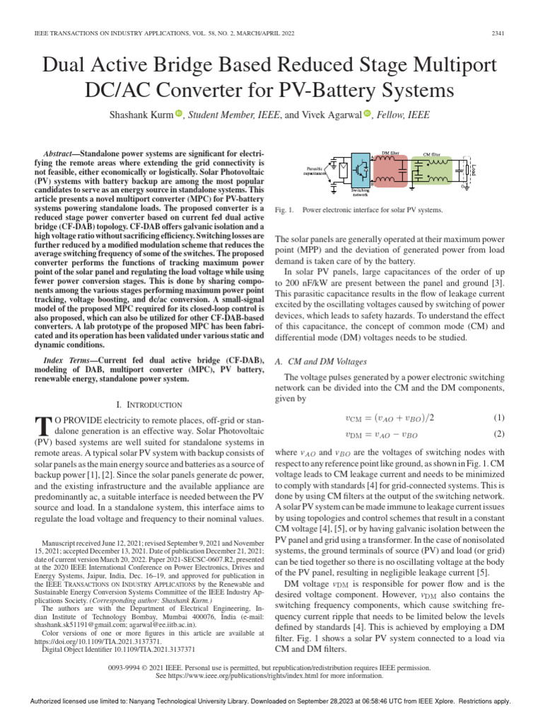 Dual Active Bridge Based Reduced Stage Multiport Dc Ac Converter For Pv Battery Systems Pdf