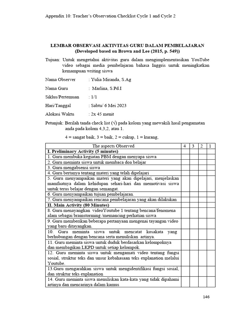 Teacher Obs. Checklist | PDF