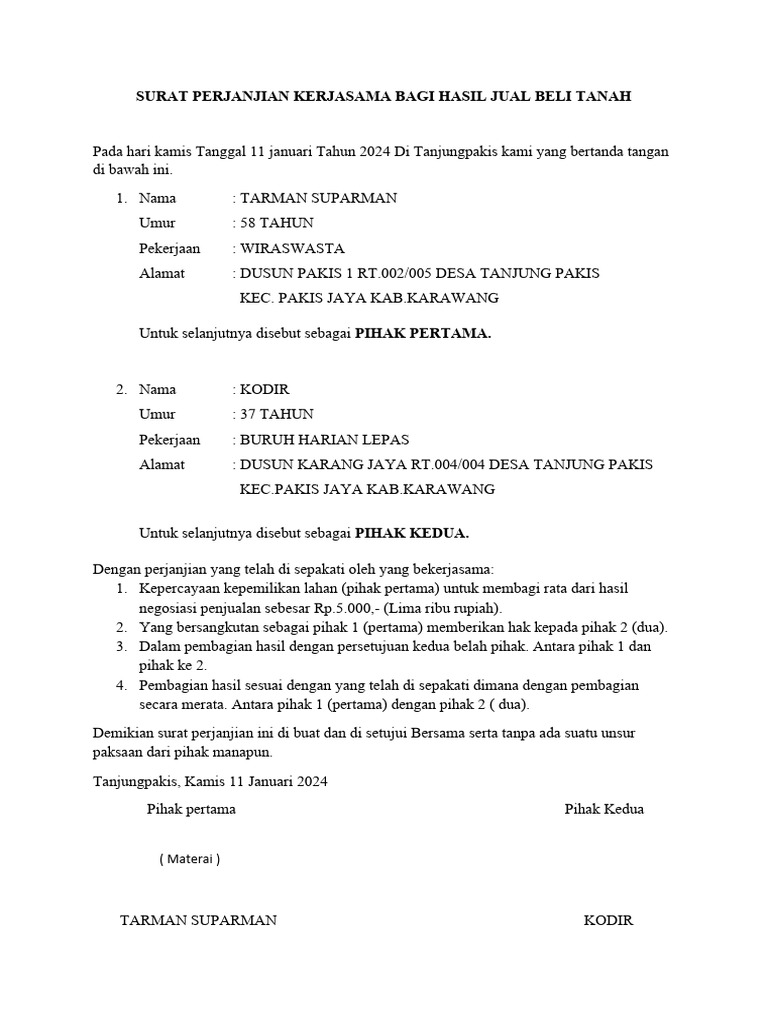 Surat Perjanjian Kerjasama Bagi Hasil Jual Beli Tanah | PDF | Hukum