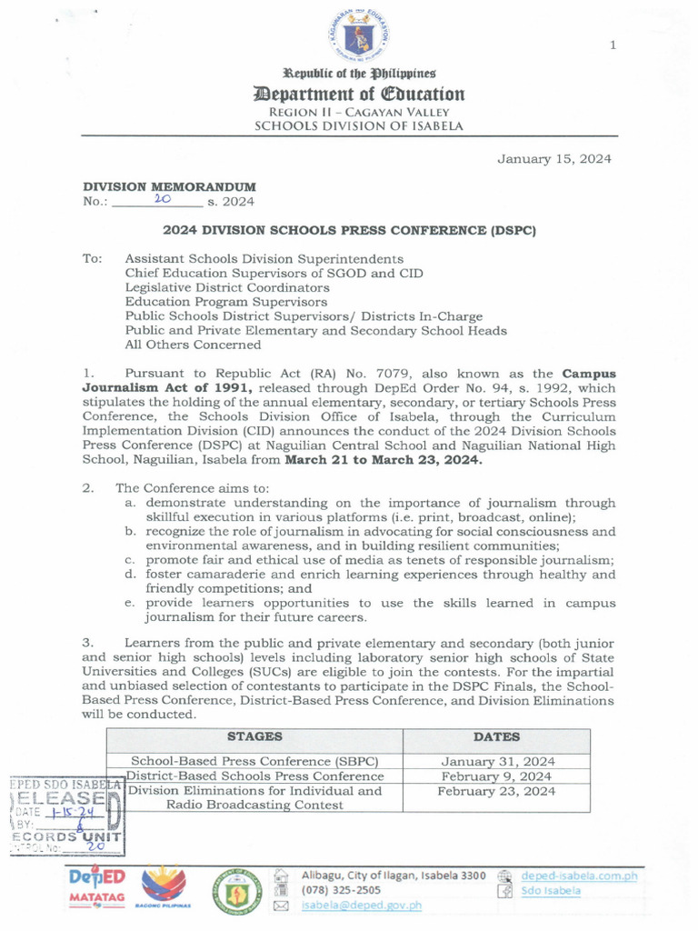 DM No 20 S. .2024 Division Schools Press Conference DSPC | PDF