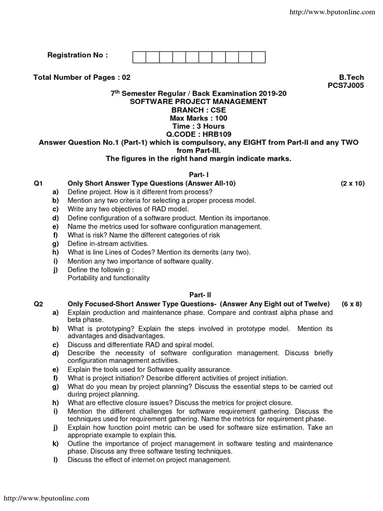 Btech Cse 7 Sem Software Project Management pcs7j005 2020 (SPM) | Download Free PDF | Project ...