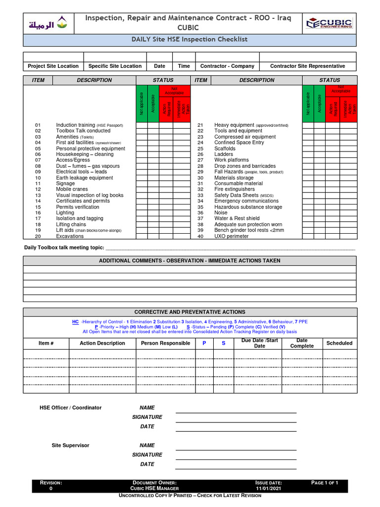 HSE Checklist for Site Managers | PDF | Working Conditions ...