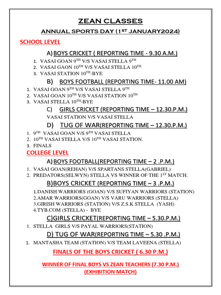 Sports Day Schedule | PDF | Sports & Recreation