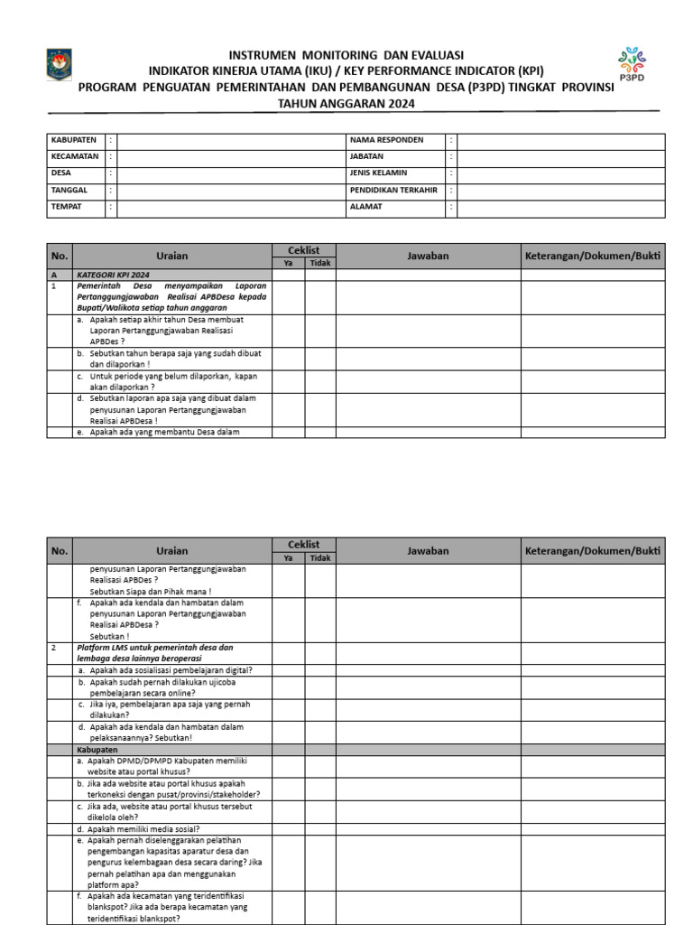 Form Instrumen Monev KPI 4+1 P3PD 2024 Update Jan 2024 | PDF