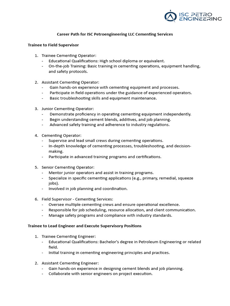 Career Path For ISC Petroengineering LLC Cementing Services | PDF ...