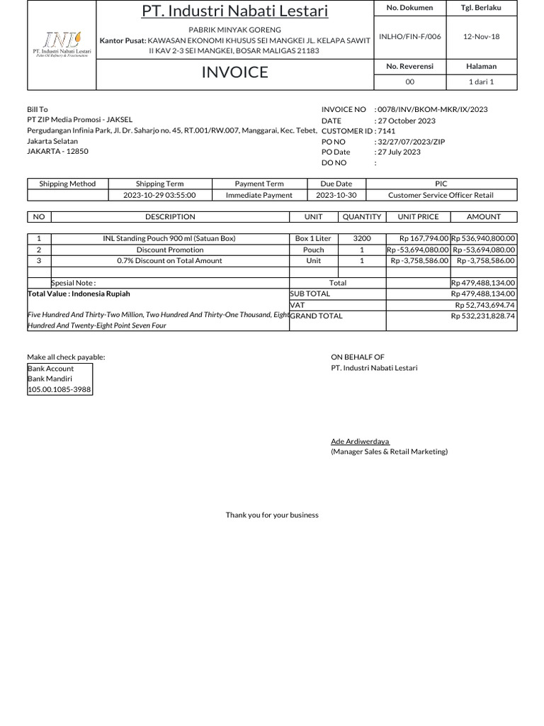 Invoice - 0078 - INV - BKOM-MKR - IX - 2023 PO 32 | PDF | Indonesian Rupiah | Financial Markets