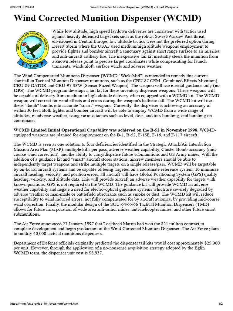 Wind Corrected Munition Dispenser (WCMD) | PDF | Cluster Munition ...